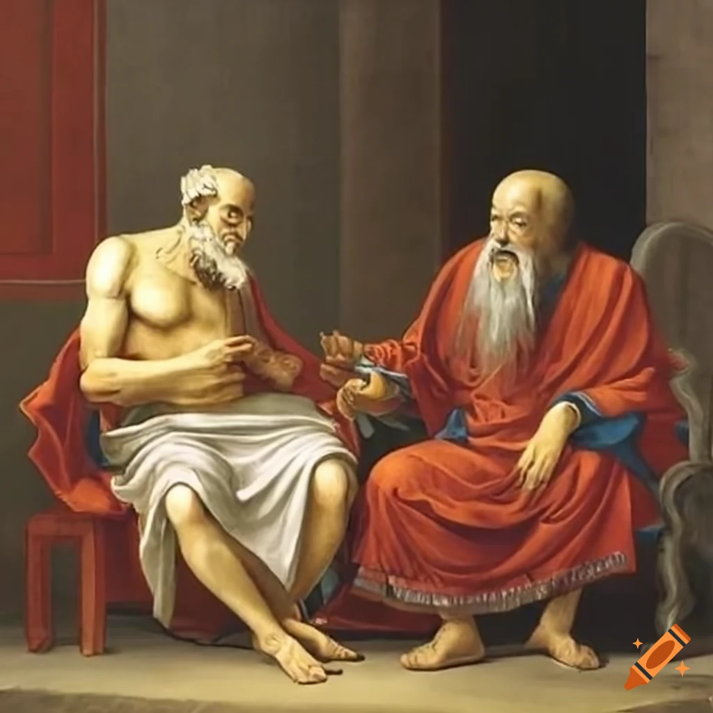 Depiction of Confucius and Socrates in conversation on Craiyon