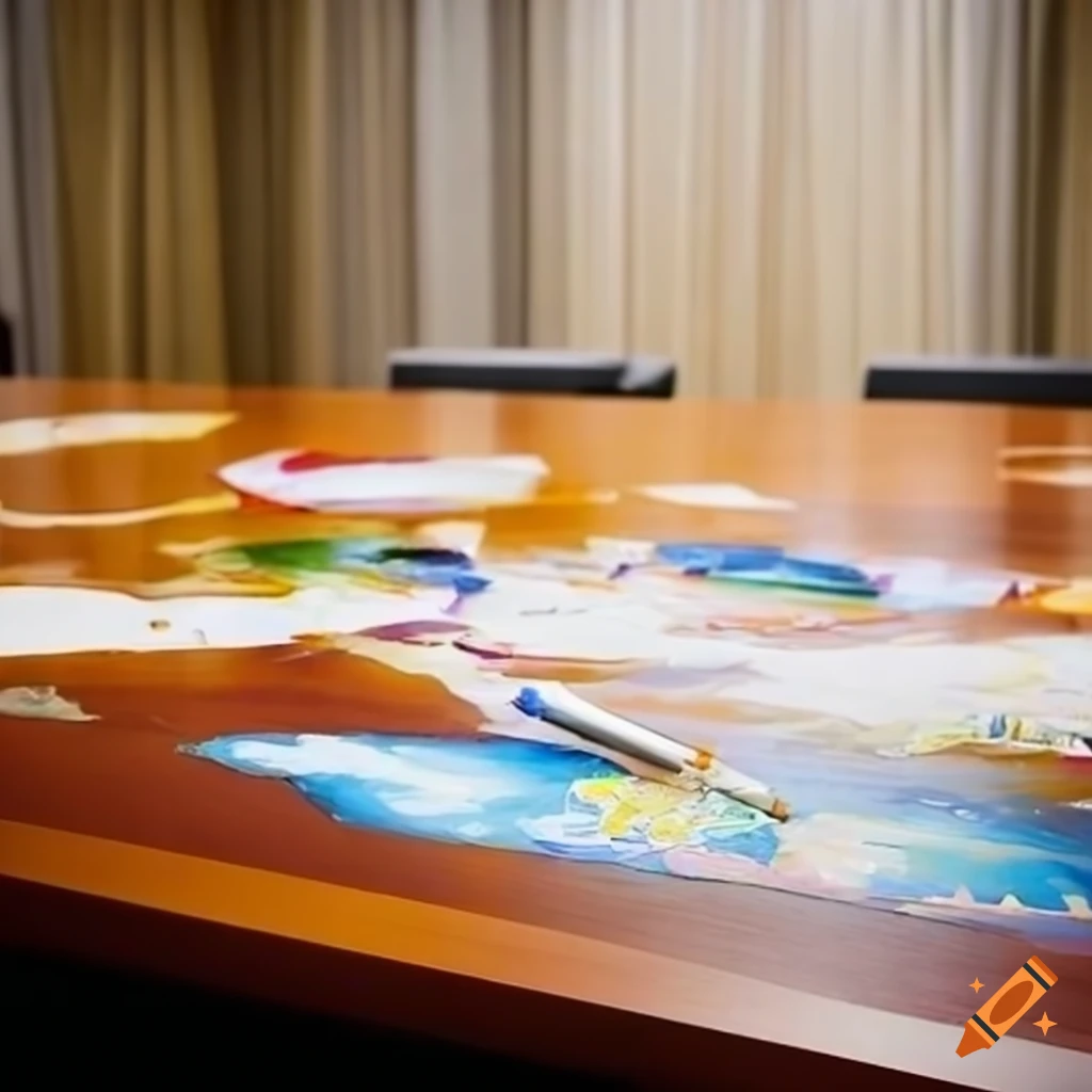 Artistic boardroom table with colorful artwork on Craiyon