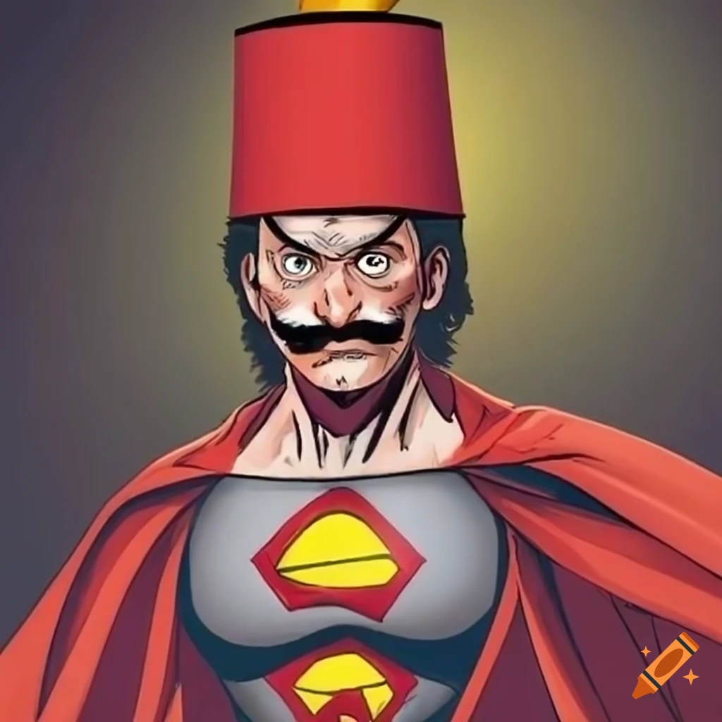 Comic illustration of a turkish superhero with a mustache and a fez