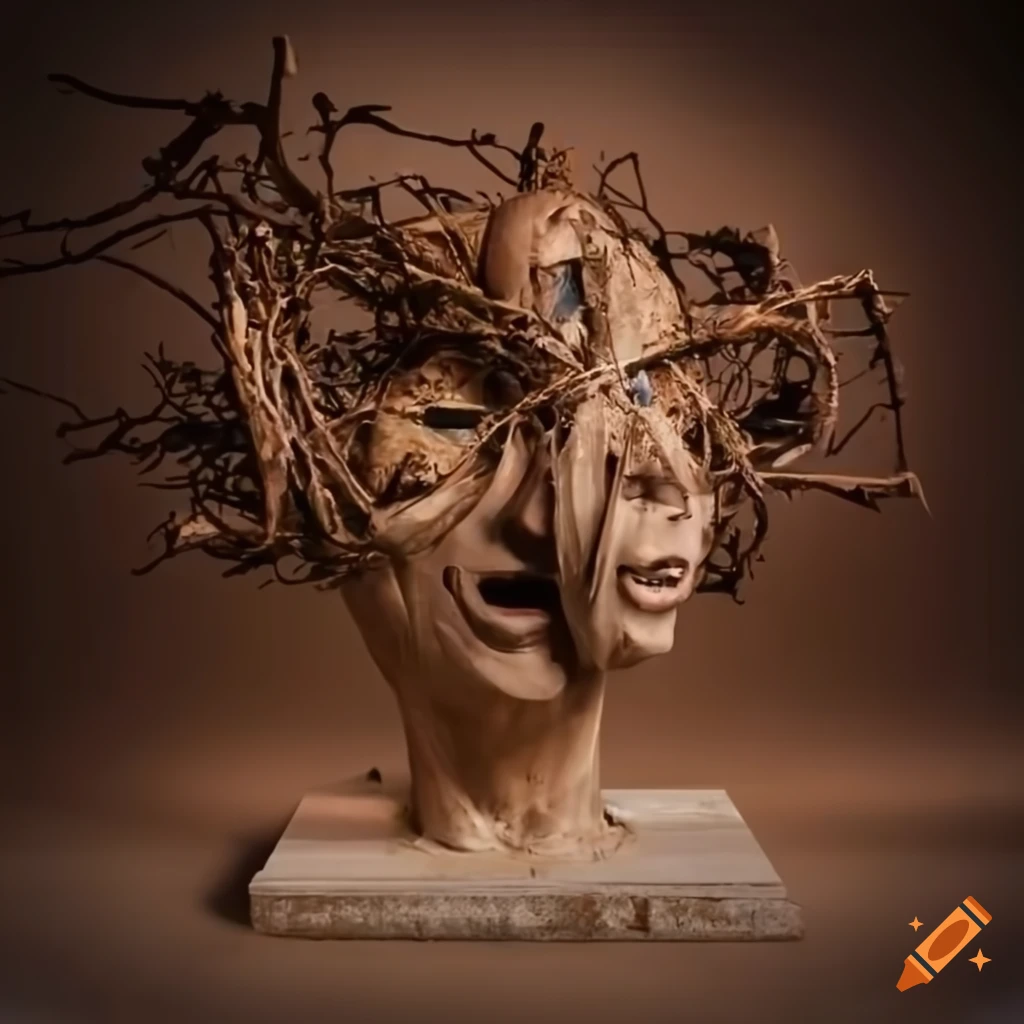 Close-up of a distorted figure caught in a web sculpture