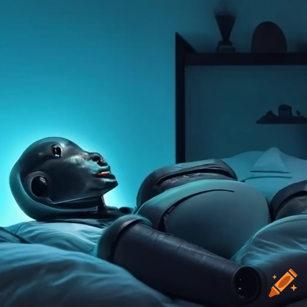 Giant robot relaxing in a cozy bedroom on Craiyon