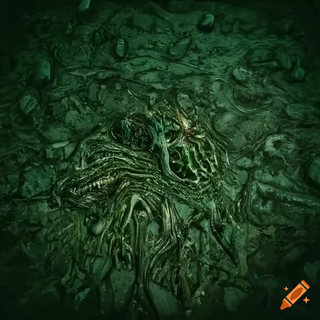 Image of a wet and overgrown alien in ruins on Craiyon