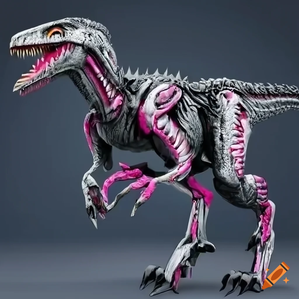 Magenta robotic velociraptor with sharp claws and teeth on Craiyon