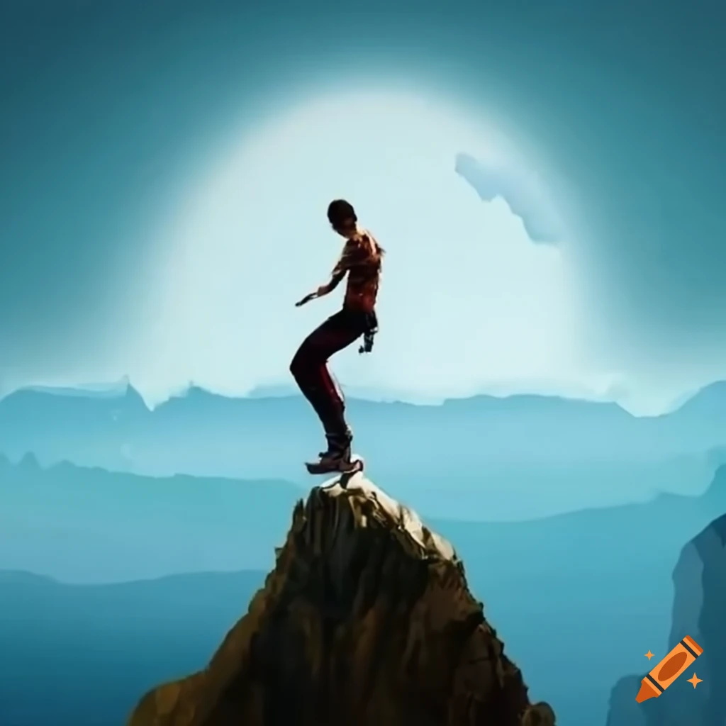 Daring man climbing a shaking mountain