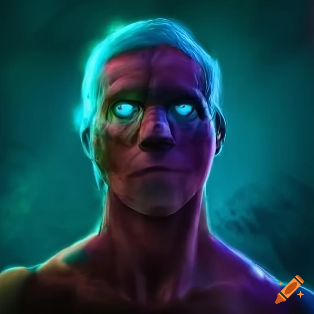 Artwork Of A Man With Glowing Iridescent Skin And Mismatched Eyes On