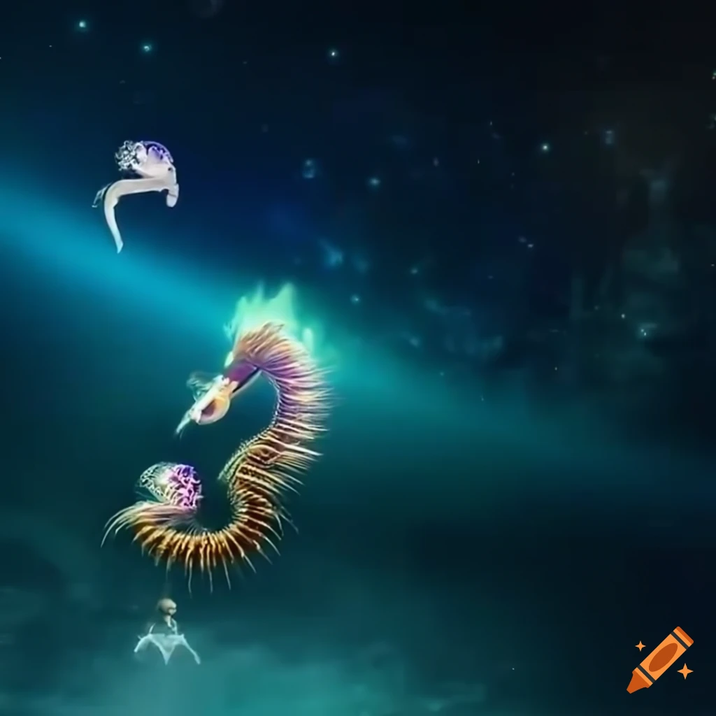 Retro-style woman on an alien planet with sea horses on Craiyon