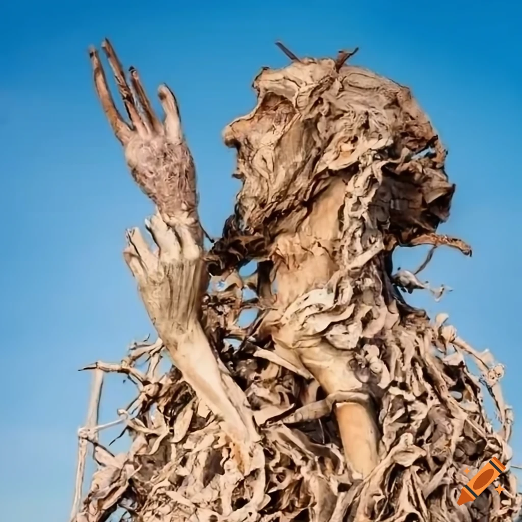 Close-up of a distorted figure caught in a web-like sculpture made of ...