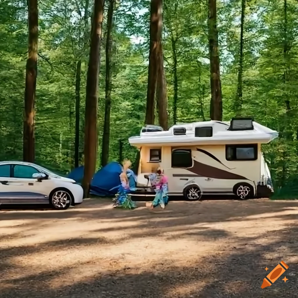 Family camping in a wooded campsite at sunset on Craiyon