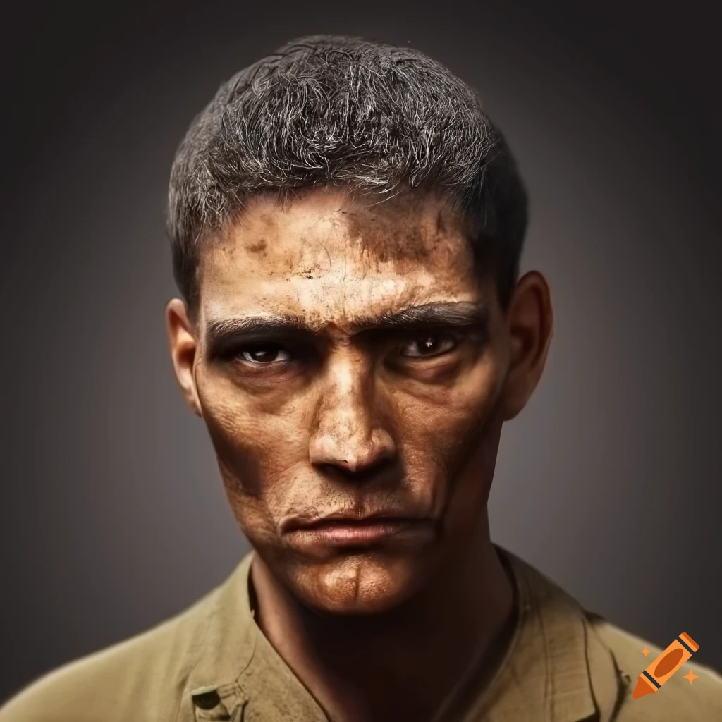 Portrait of a weathered man with a thousand yard stare on Craiyon