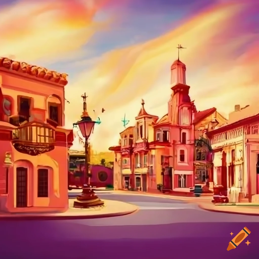 Charming disney-style street scene with victorian and spanish buildings