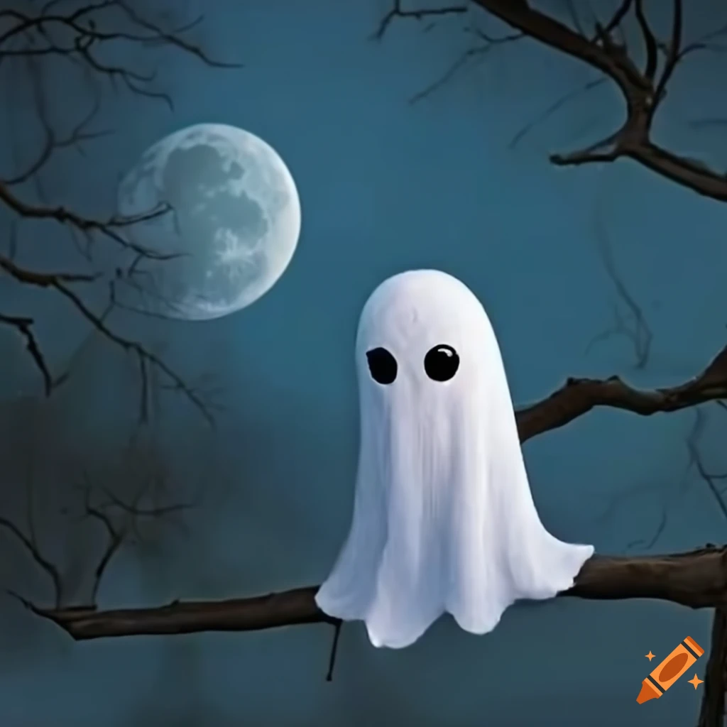 Cute ghost sitting on a tree branch under the moonlight