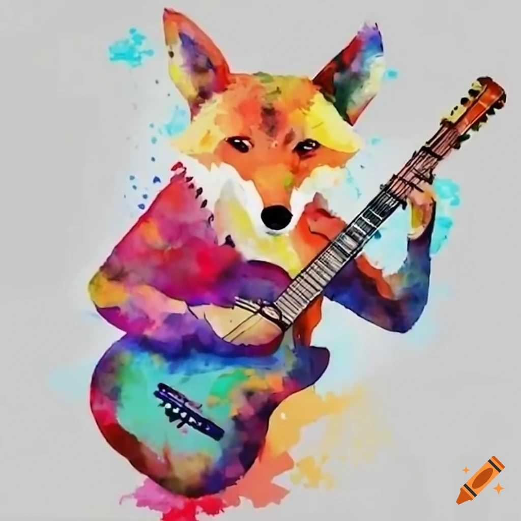 Watercolor of a fox playing guitar on Craiyon