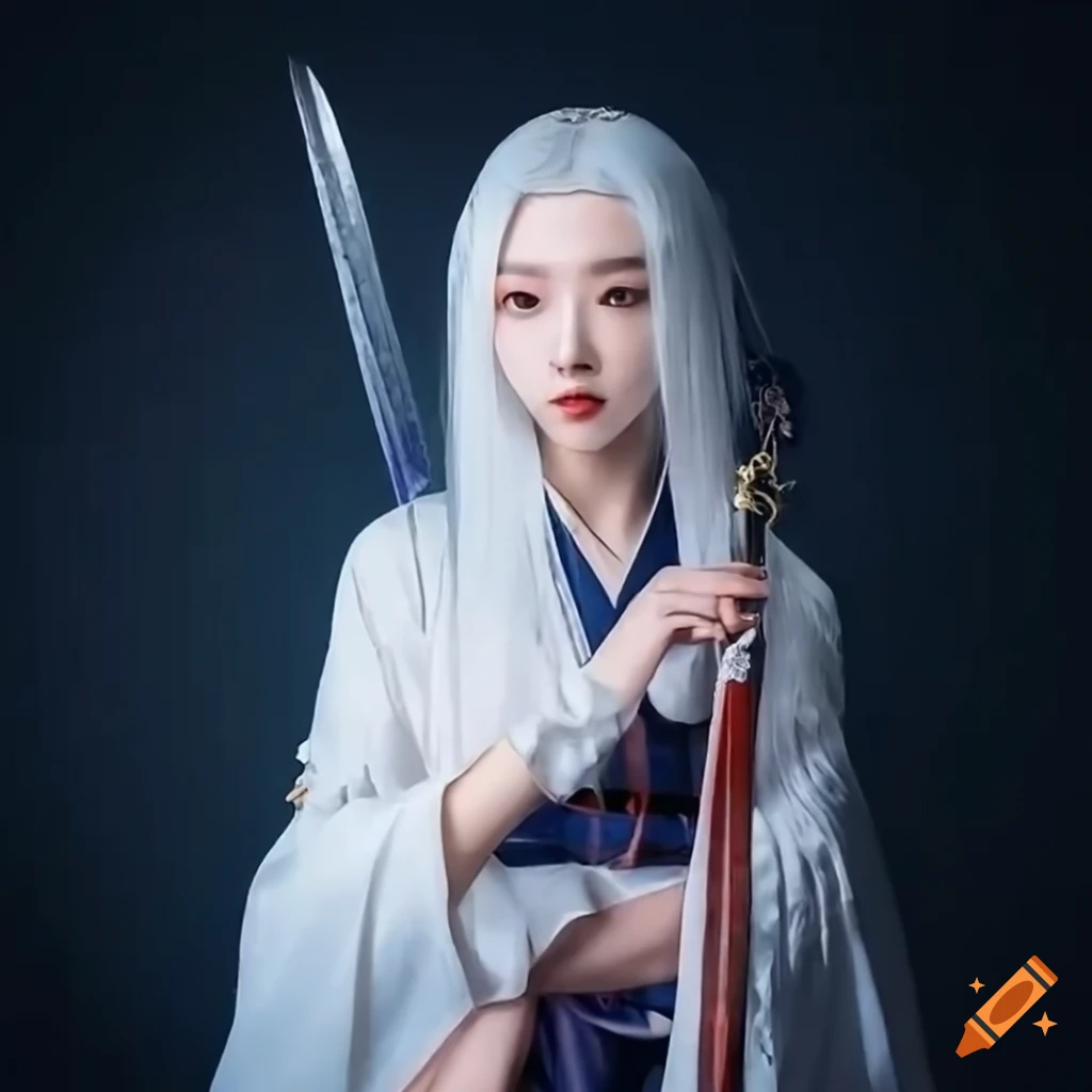 Artistic representation of a woman in hanfu with a sword on Craiyon