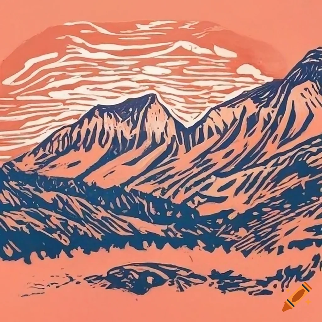 Linocut print of the catalina mountains on Craiyon