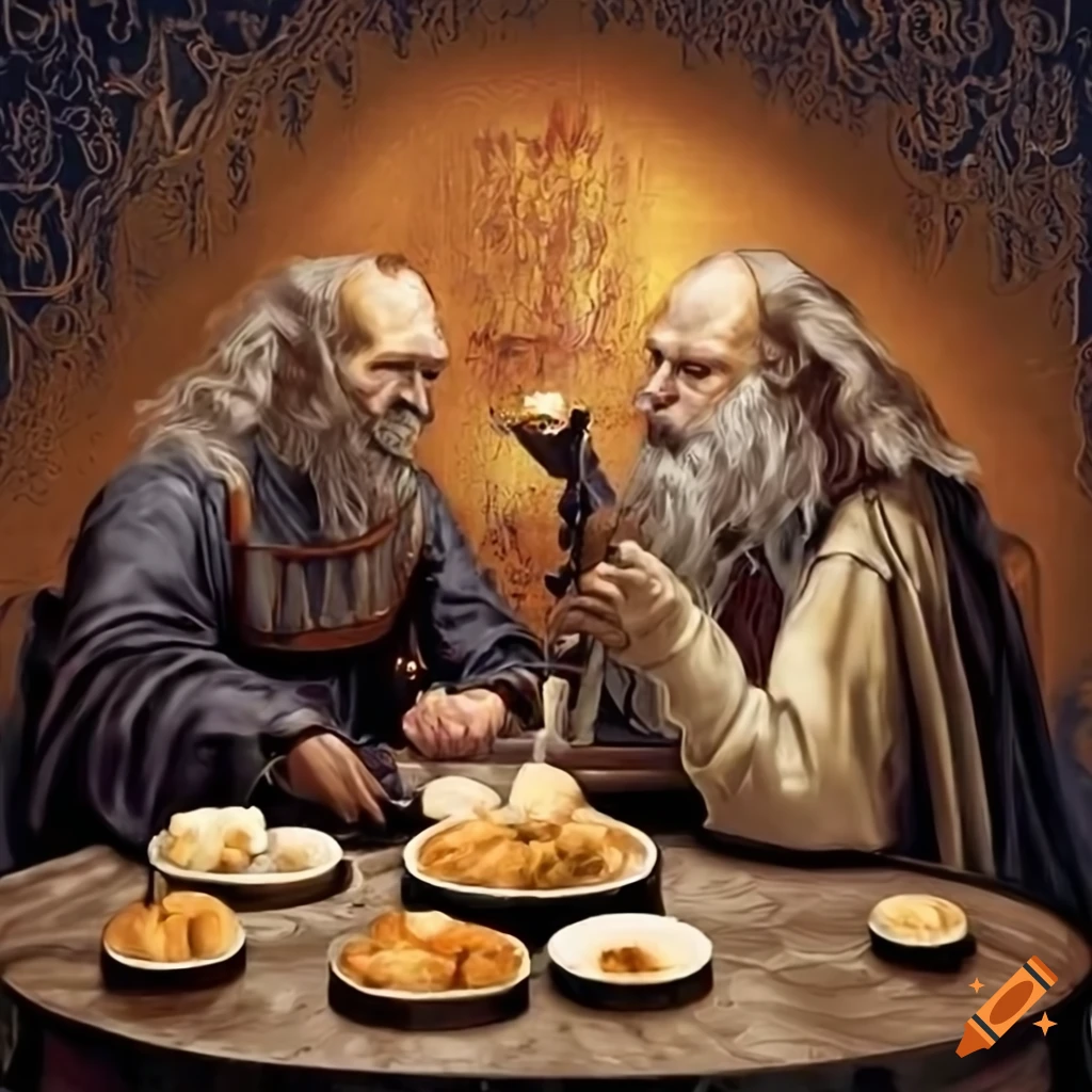 Medieval wizards eating dim sum at round table
