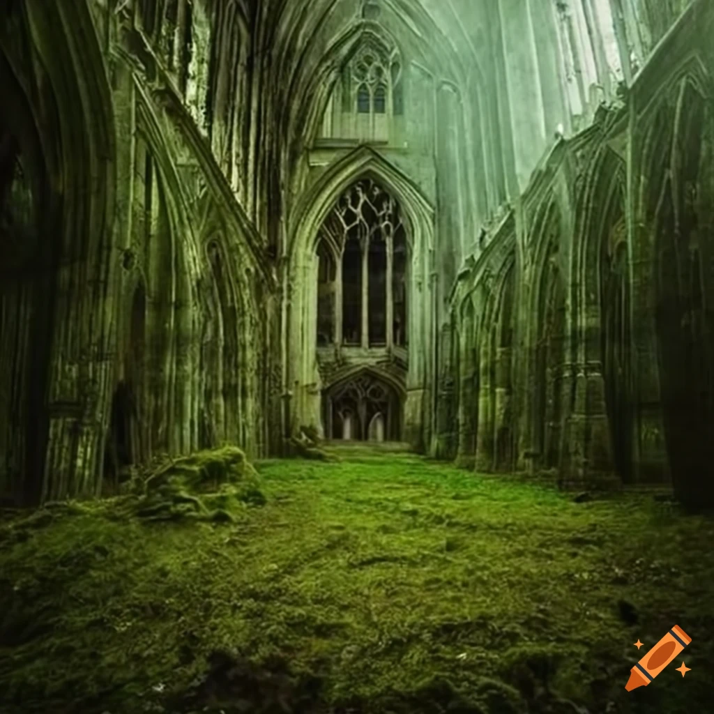 Abandoned gothic cathedral covered in moss in a forest on Craiyon