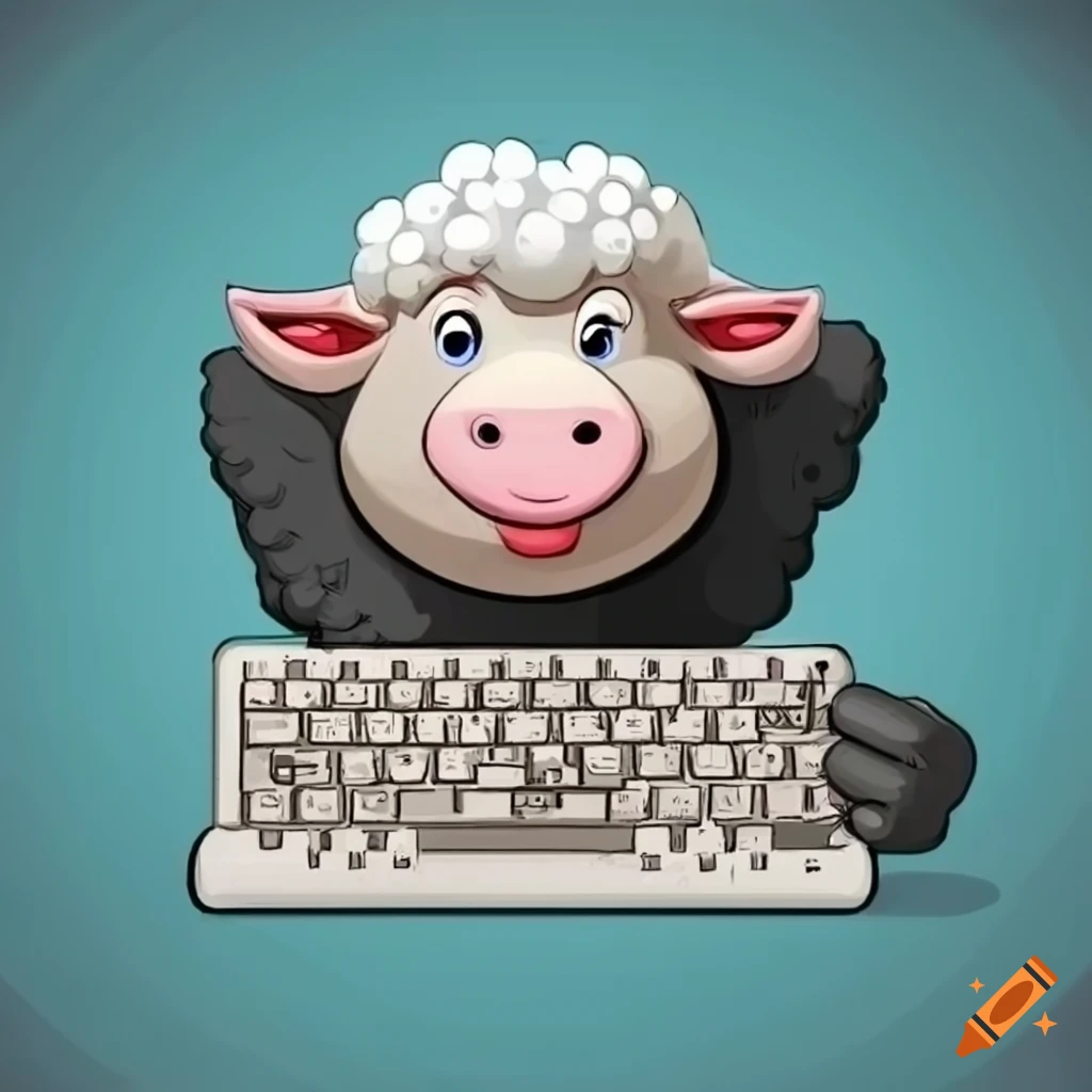 Cartoon lamb coding on a computer