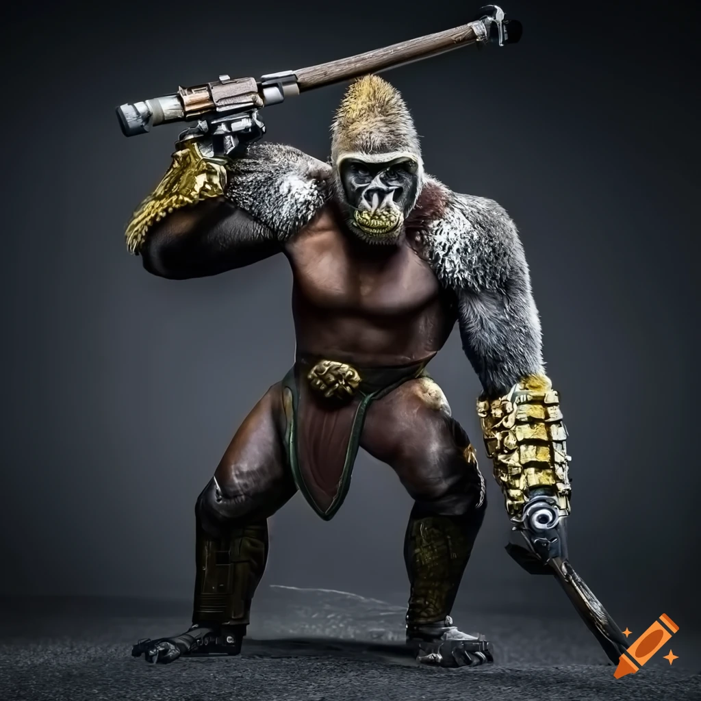 Gorilla warrior in shimmering armor with rifle on Craiyon