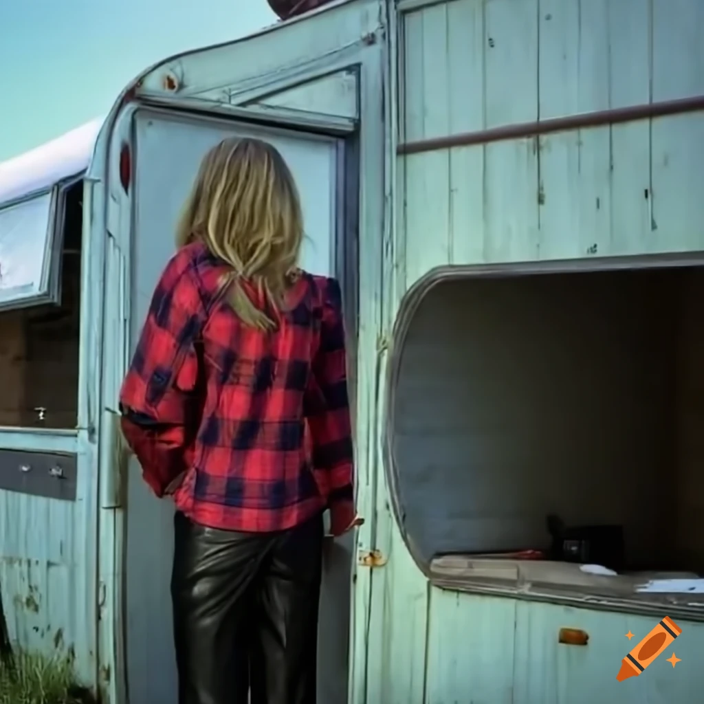 Irimia twins in red plaid shirt and black leather trousers in a caravan trailer on Craiyon