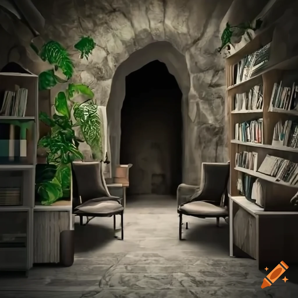 Cozy work office in a stone cave on Craiyon