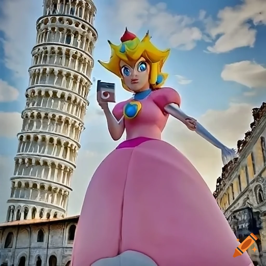 Princess peach taking a selfie near the tower of pisa on Craiyon