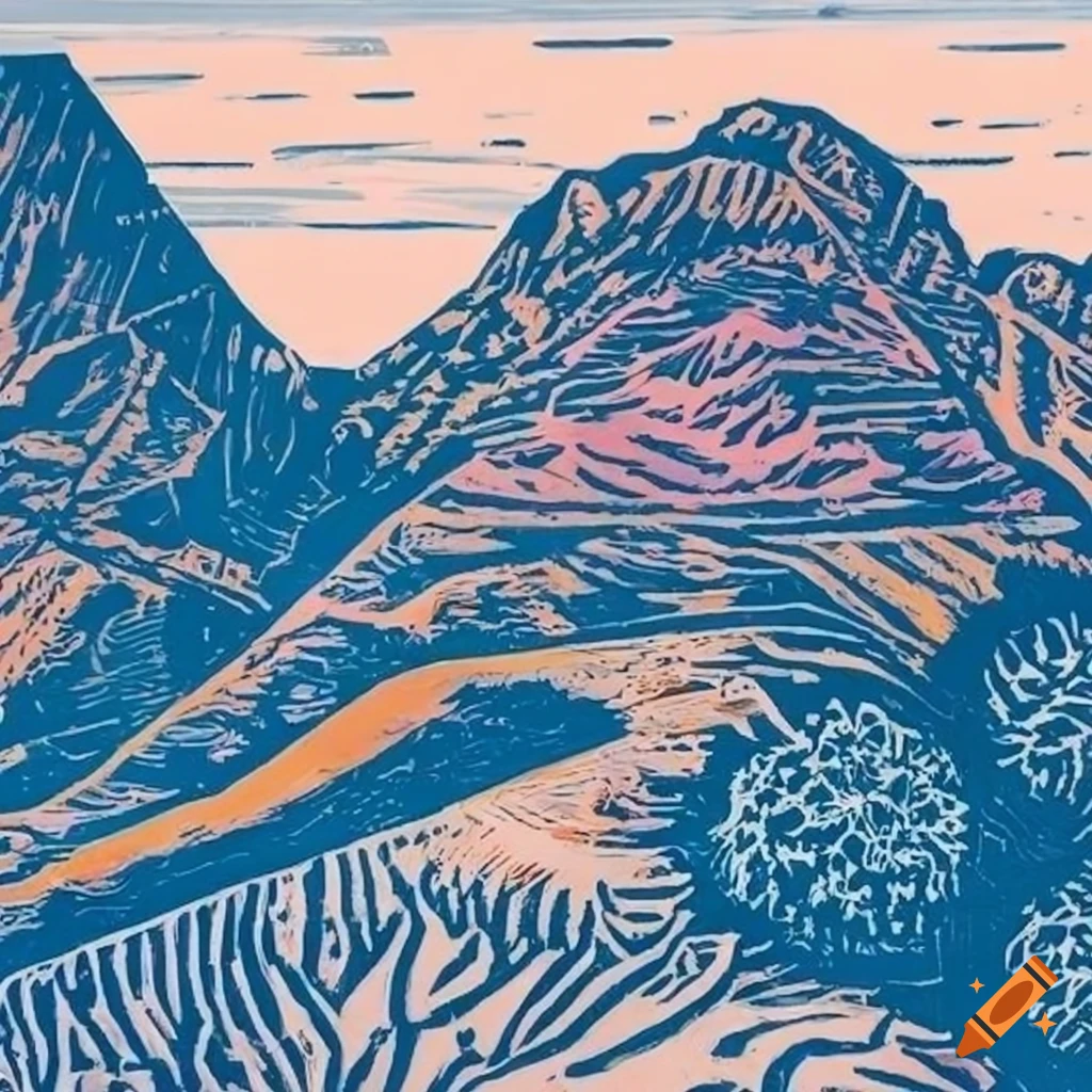 Linocut print of the catalina mountains on Craiyon