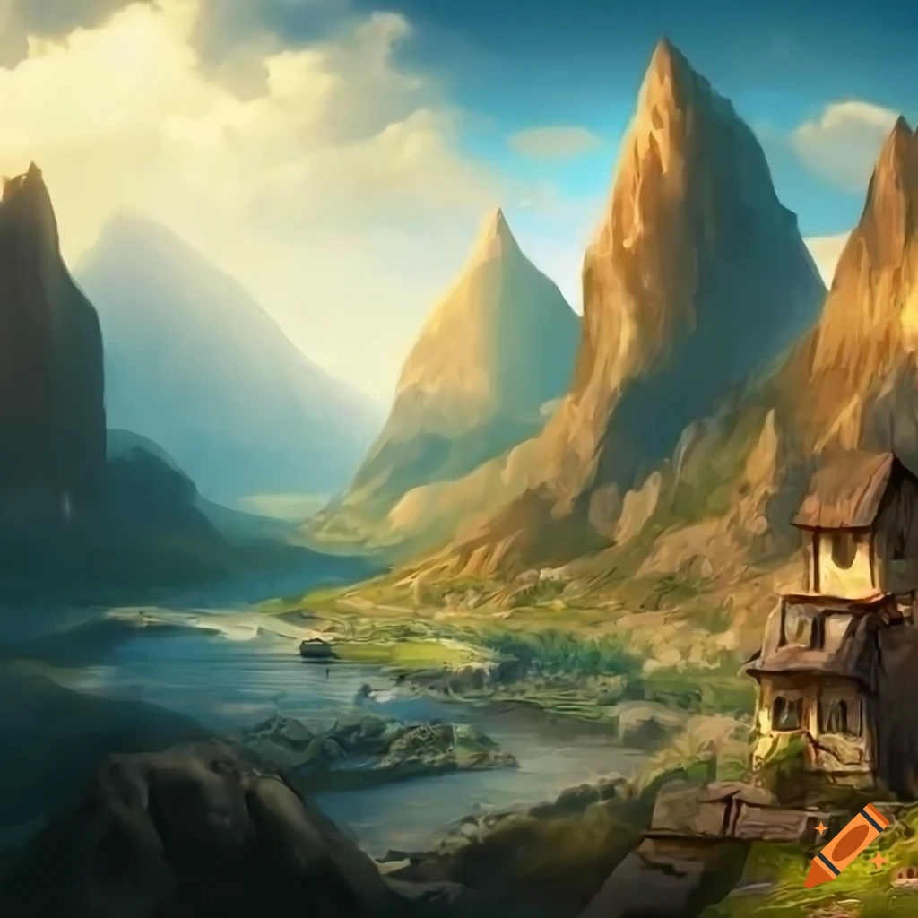 Sunny fantasy fishing village on a tall cliff on Craiyon