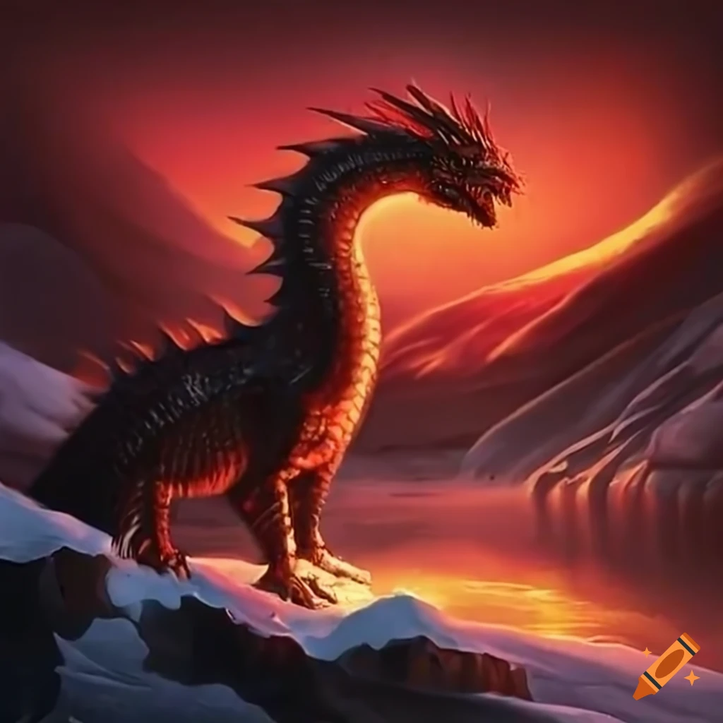 Red dragon in snowy mountains breathing fire