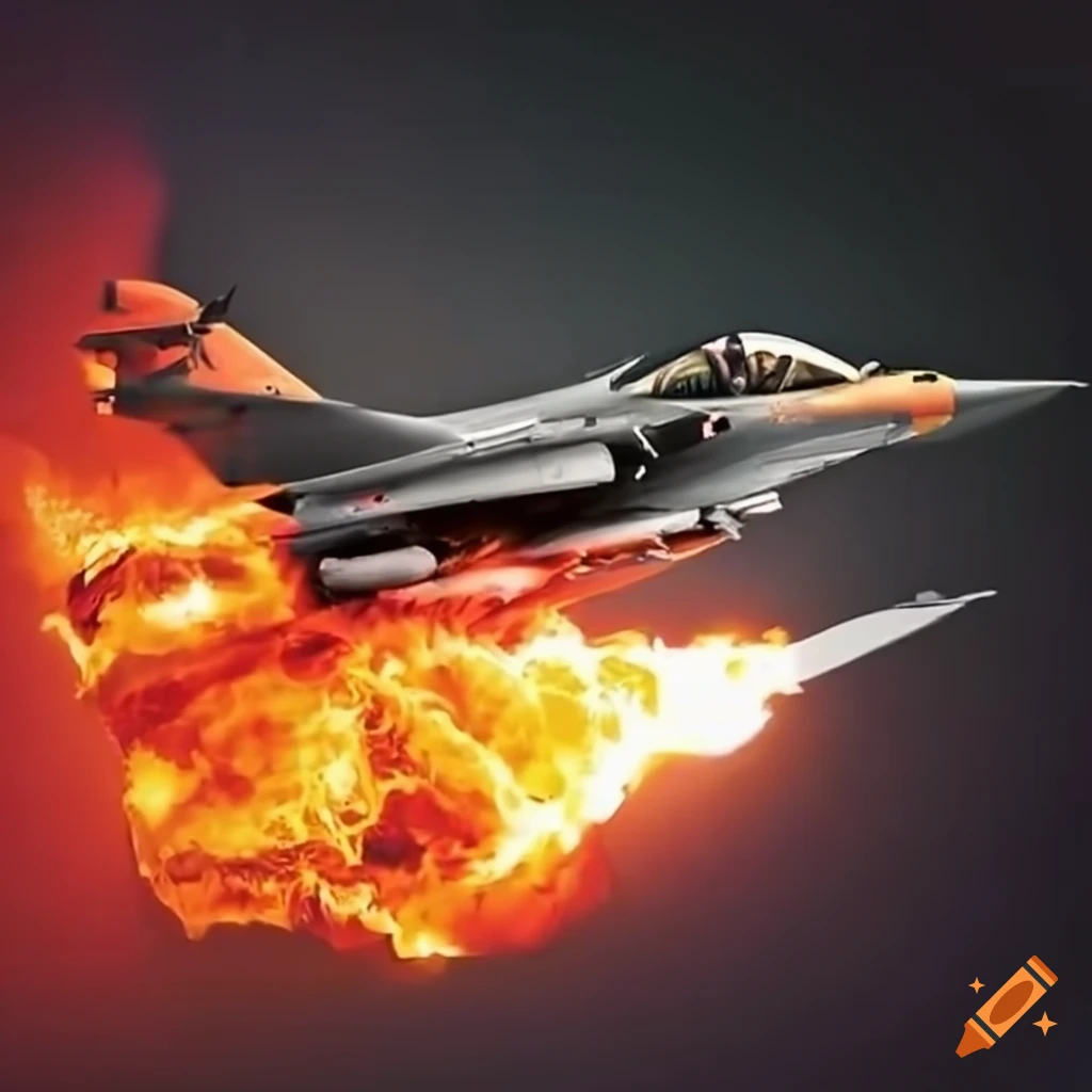 Image of a rafale fighter jet with fire