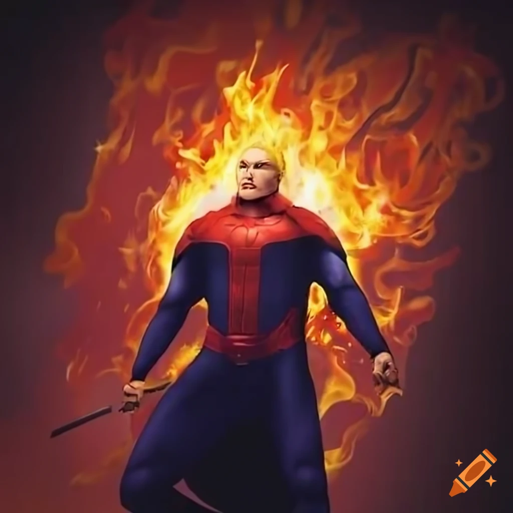 Digital art of a flying superhero with fire powers