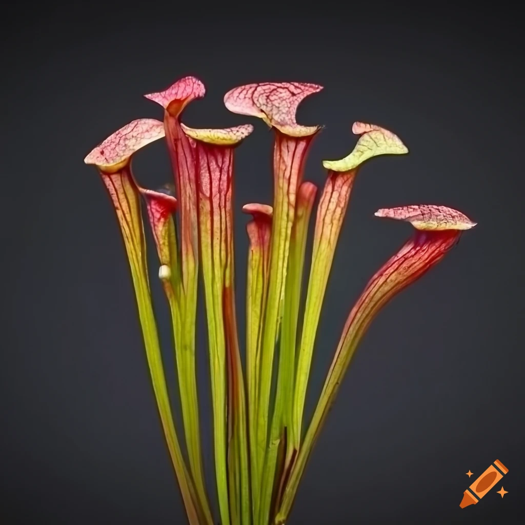 Side view of 10 sarracenia flava pitcher plants on black background on Craiyon