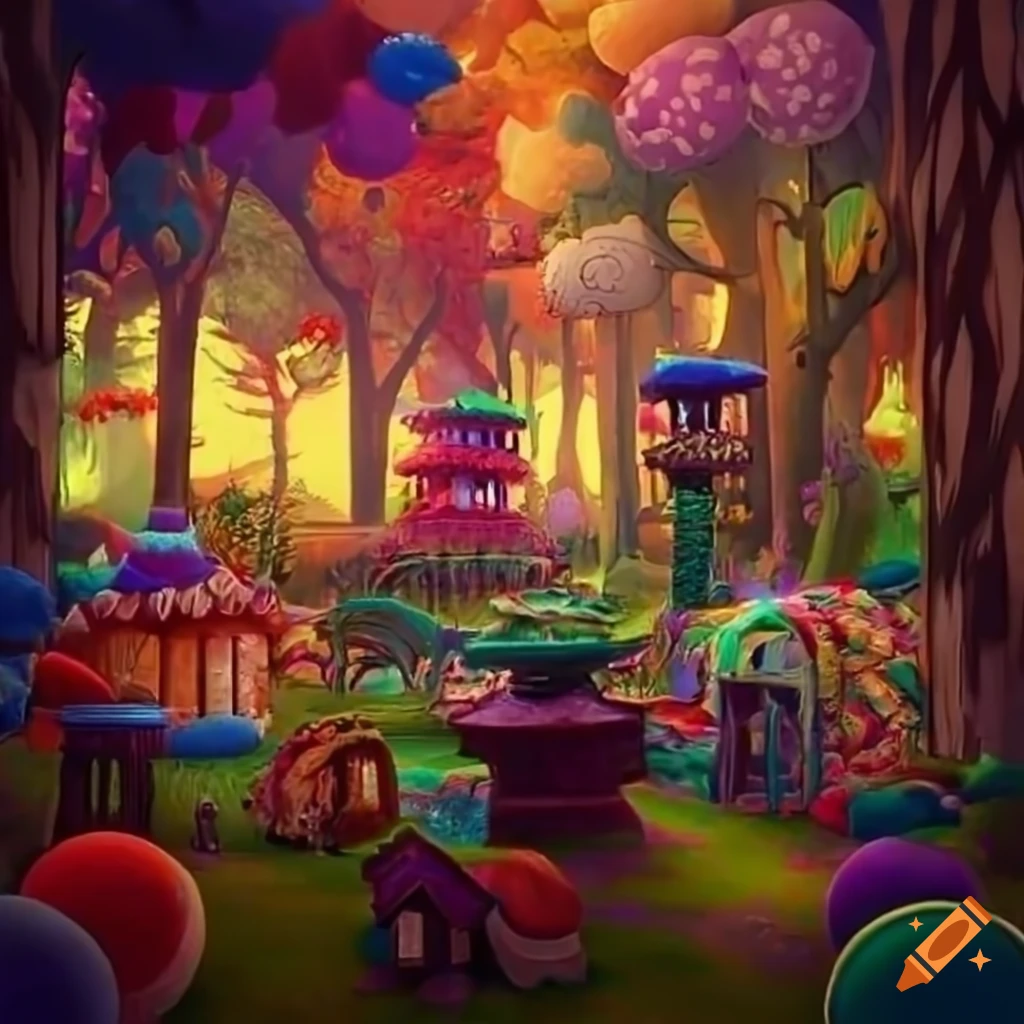 Colorful fantasy art installation in a whimsical forest on Craiyon