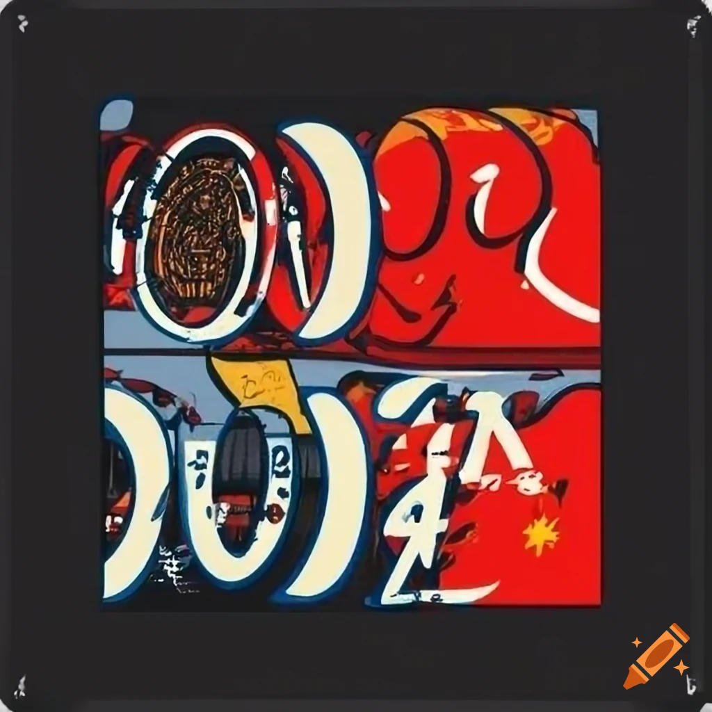 Japanese lettering and vintage formula one cars racing on an album cover