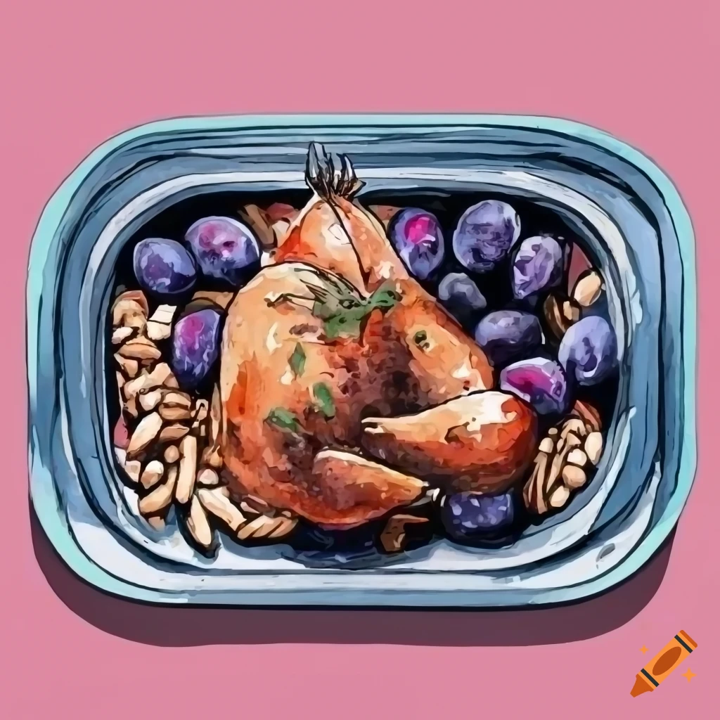 Minimalist ink drawing of a baked christmas chicken with plums and pine ...