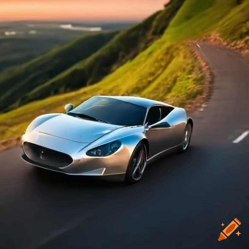 Silver sports car on a tarmac road on Craiyon