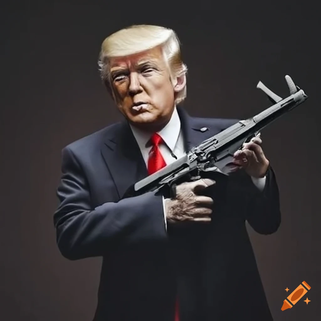 Satirical illustration of Trump with unique weapon on Craiyon