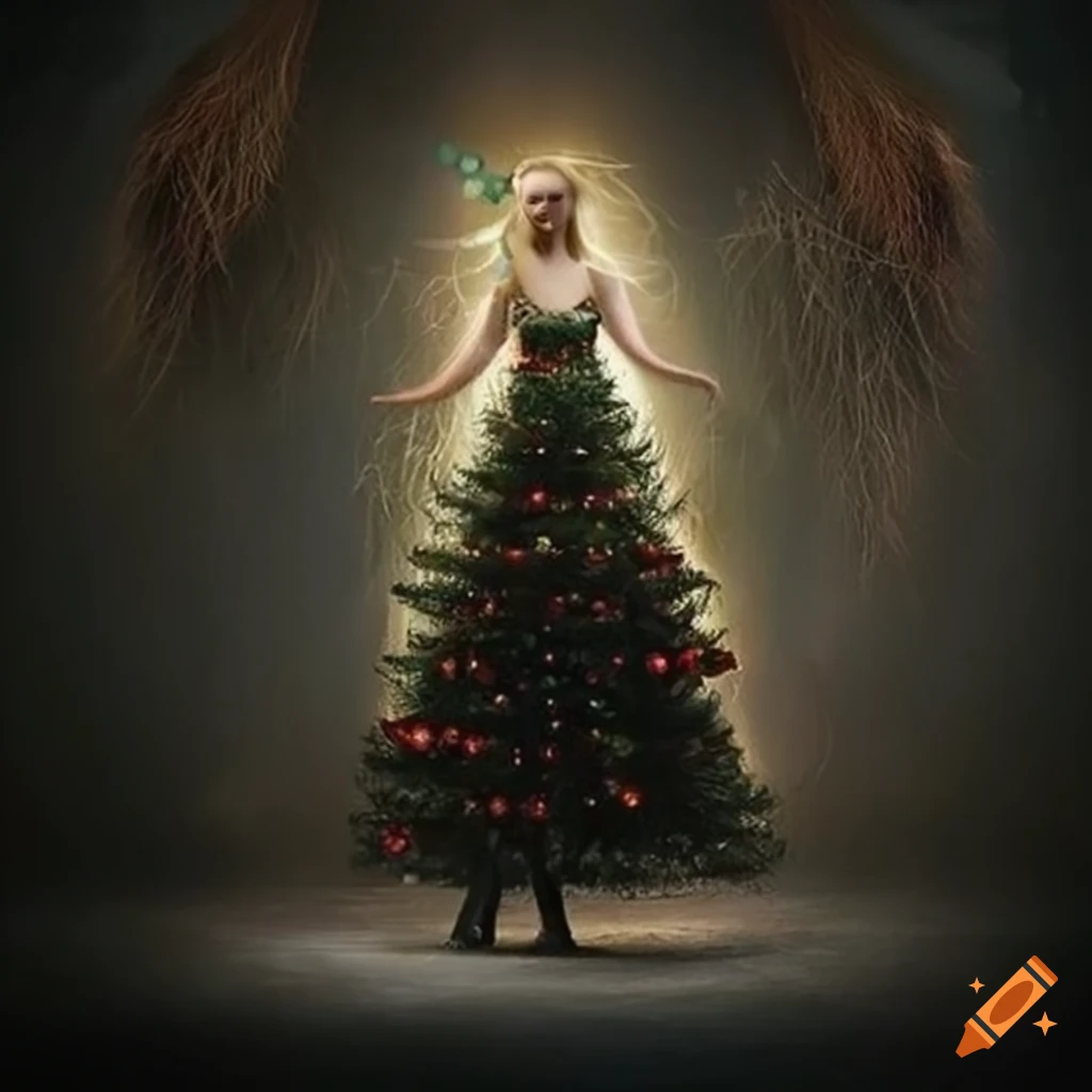 Artwork of a girl transforming into a festive tree