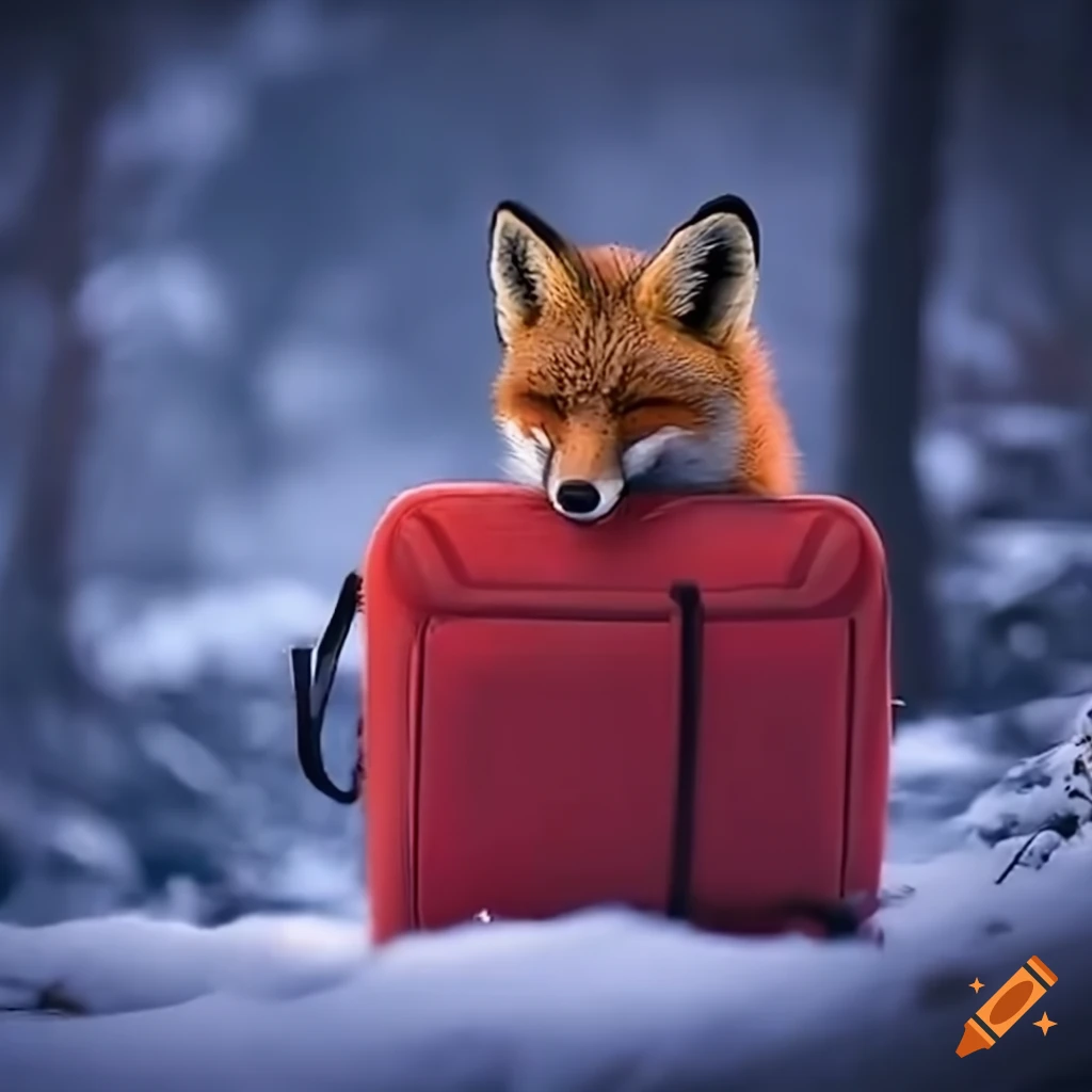 Image of a fox pulling a red luggage in the snow
