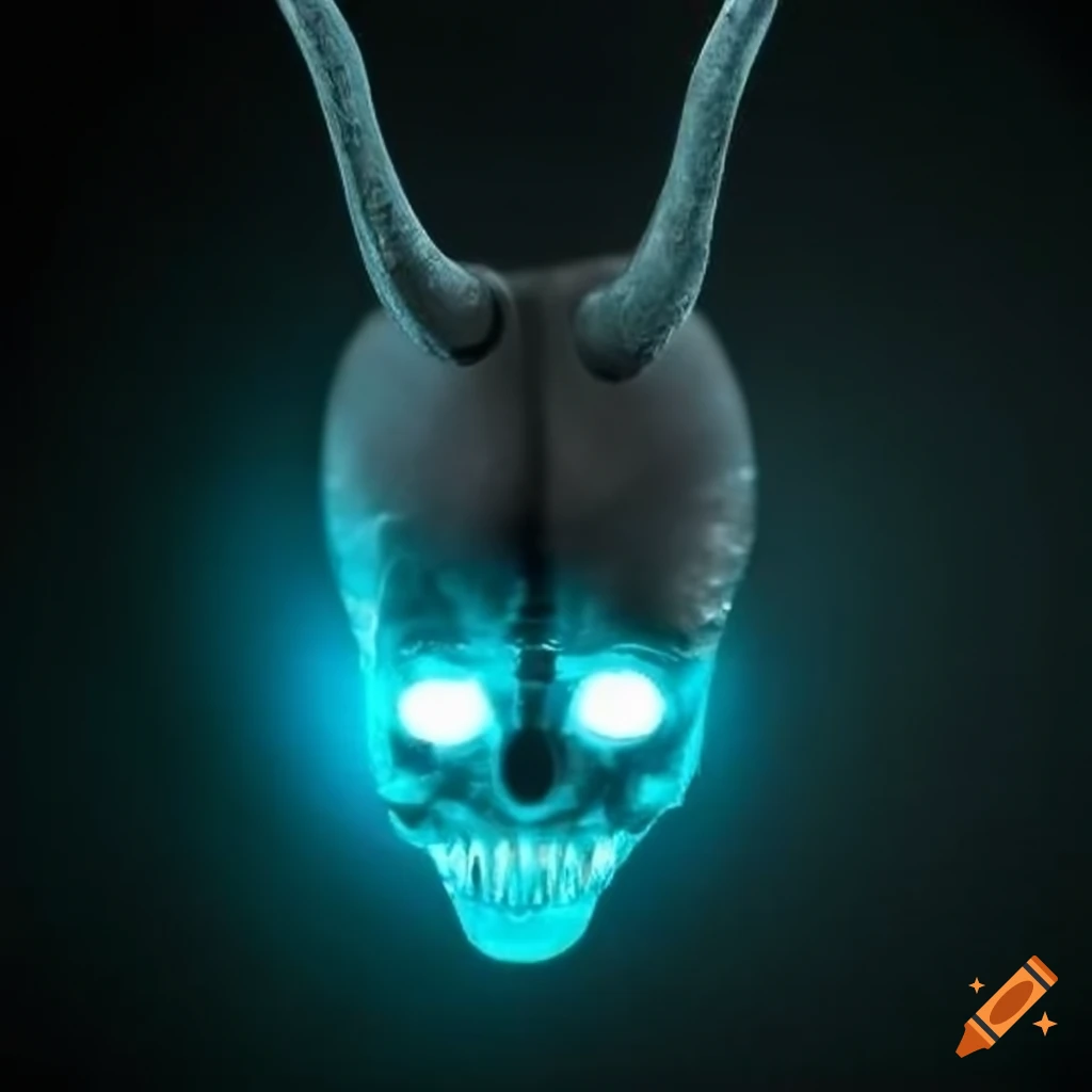 Sculpture of a metal floating head with glowing eyes on Craiyon