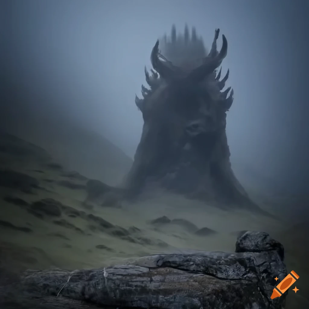 Mysterious misty landscape with a roaming creature on Craiyon