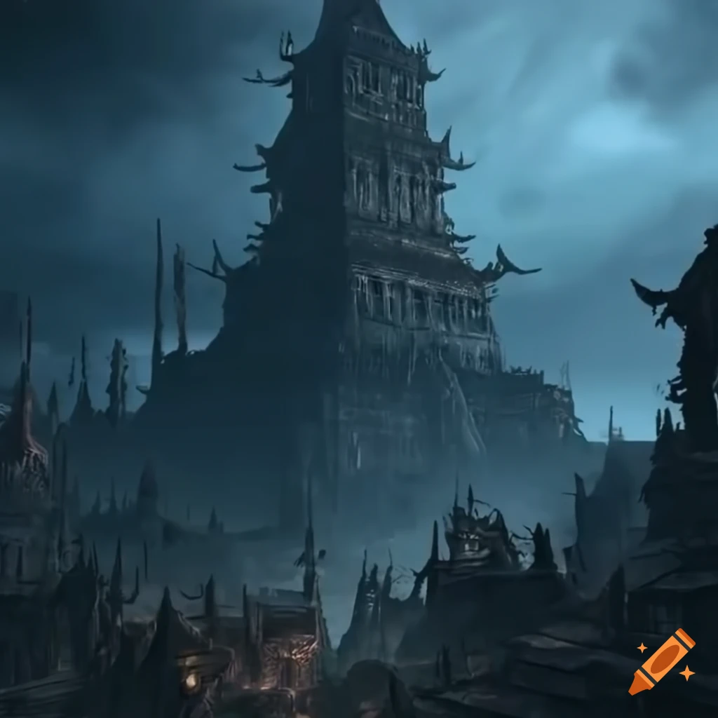 Village with asian towers in bloodborne