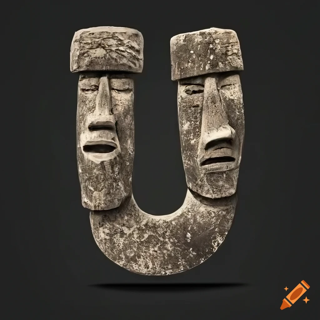 Stone letter "L" with Easter Island masks carving on Craiyon