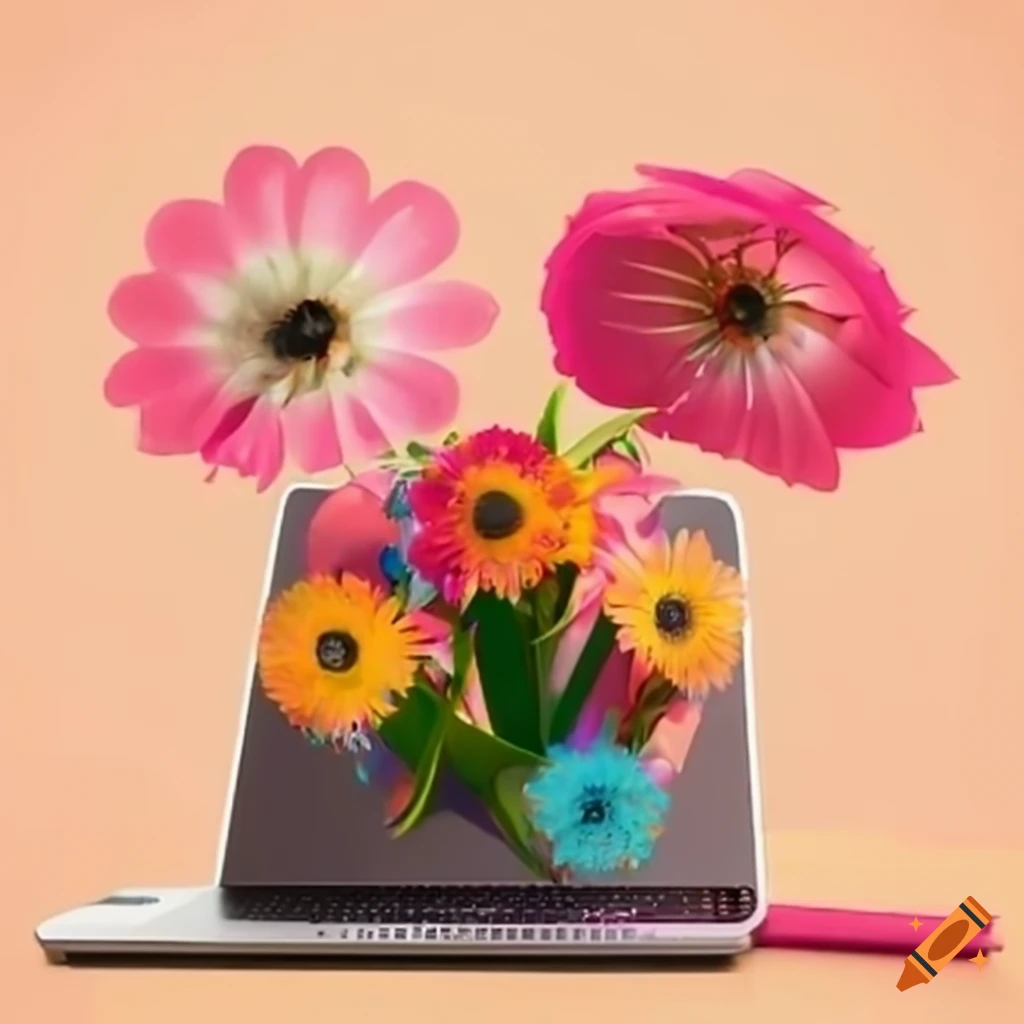 Students working on computers in a classroom with flowers on Craiyon