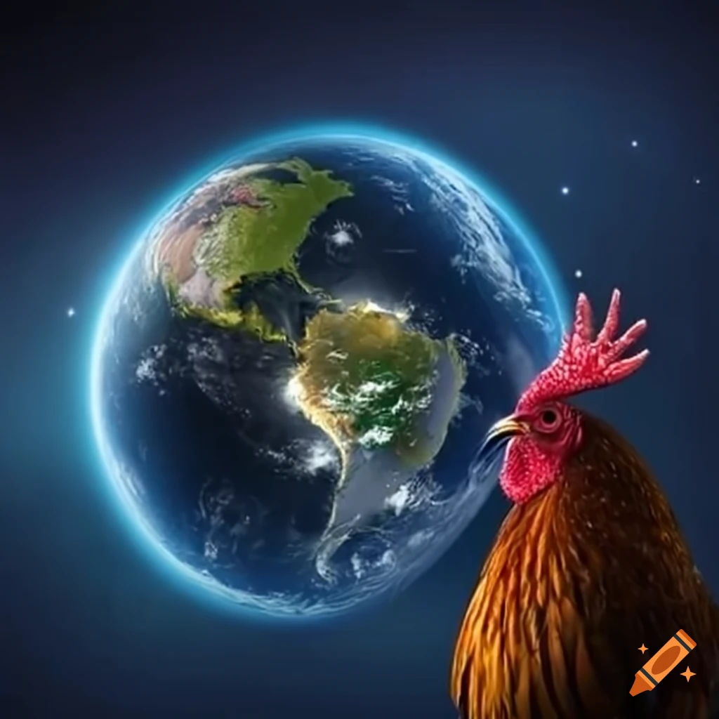 Rooster in space next to earth on Craiyon