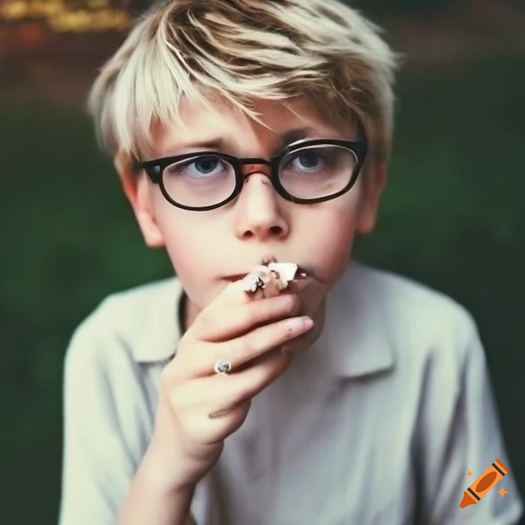 Boy with blonde hair and glasses smoking