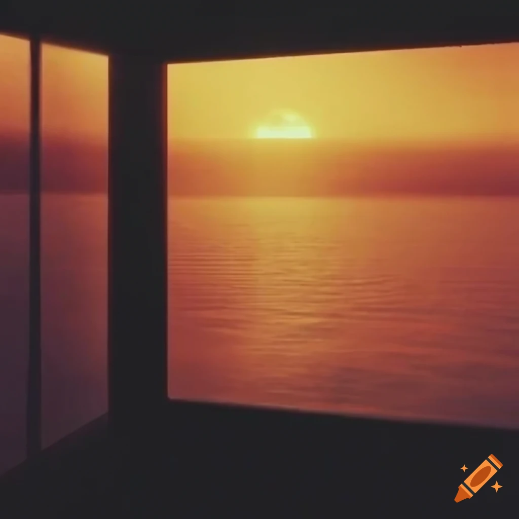 Sunset view through frameless windows of a modern building on Craiyon