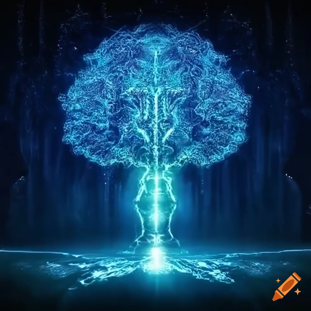 A futuristic world with a tree of knowledge emerging from an ancient ...
