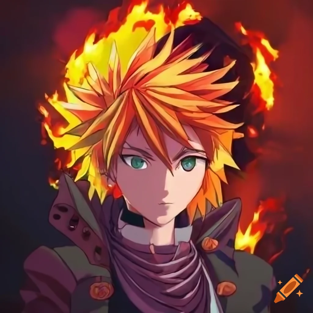 Anime-style image of character Calamity Rave with fire on Craiyon