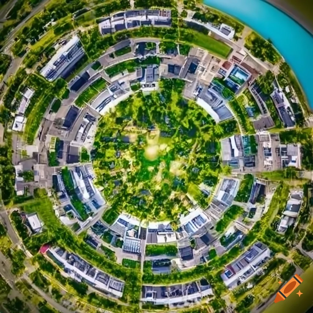 Aerial view of a sustainable circular city on Craiyon