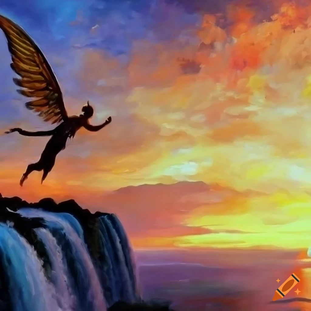 Oil painting of a winged elf jumping from a waterfall on Craiyon